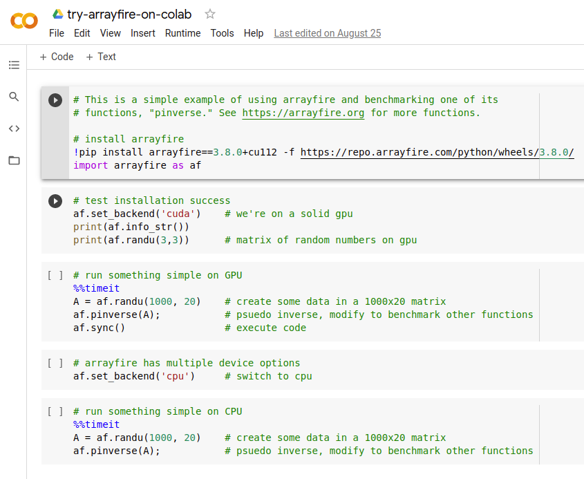 Cuda Computing On Google Colab With Arrayfire Arrayfire